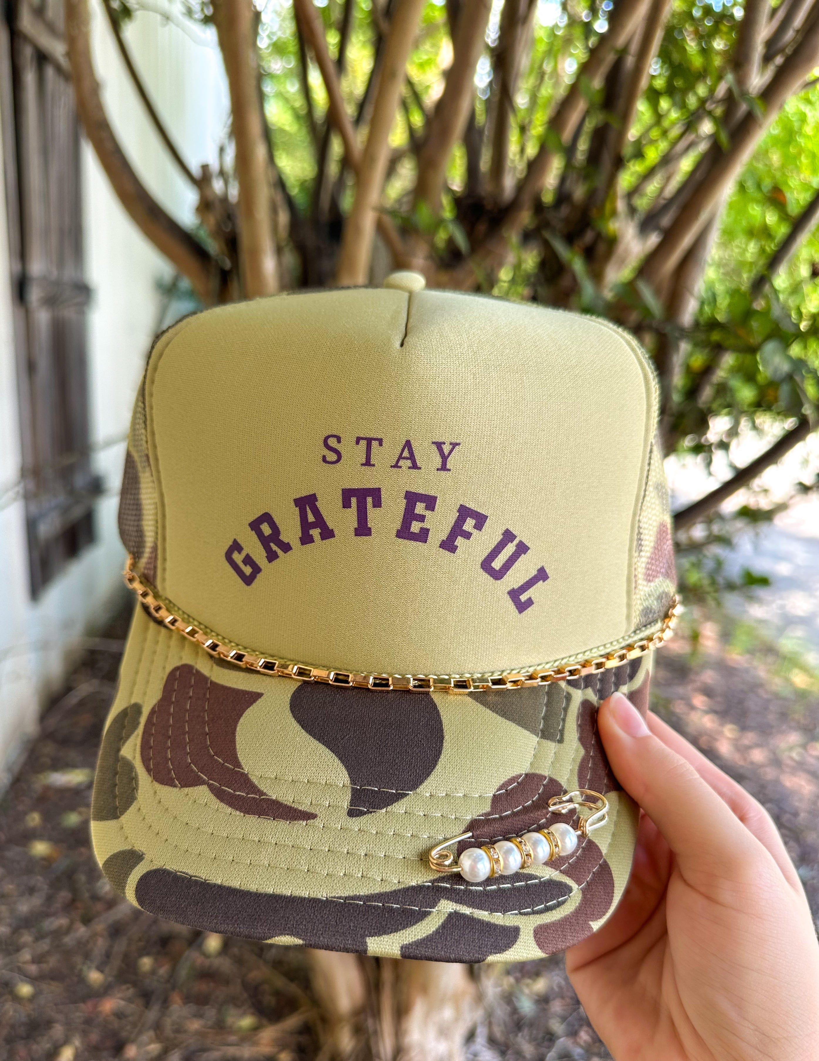 ARRAY 30A | Stay Grateful Two-Tone Camo Trucker – Preppy Pineapple Boutique