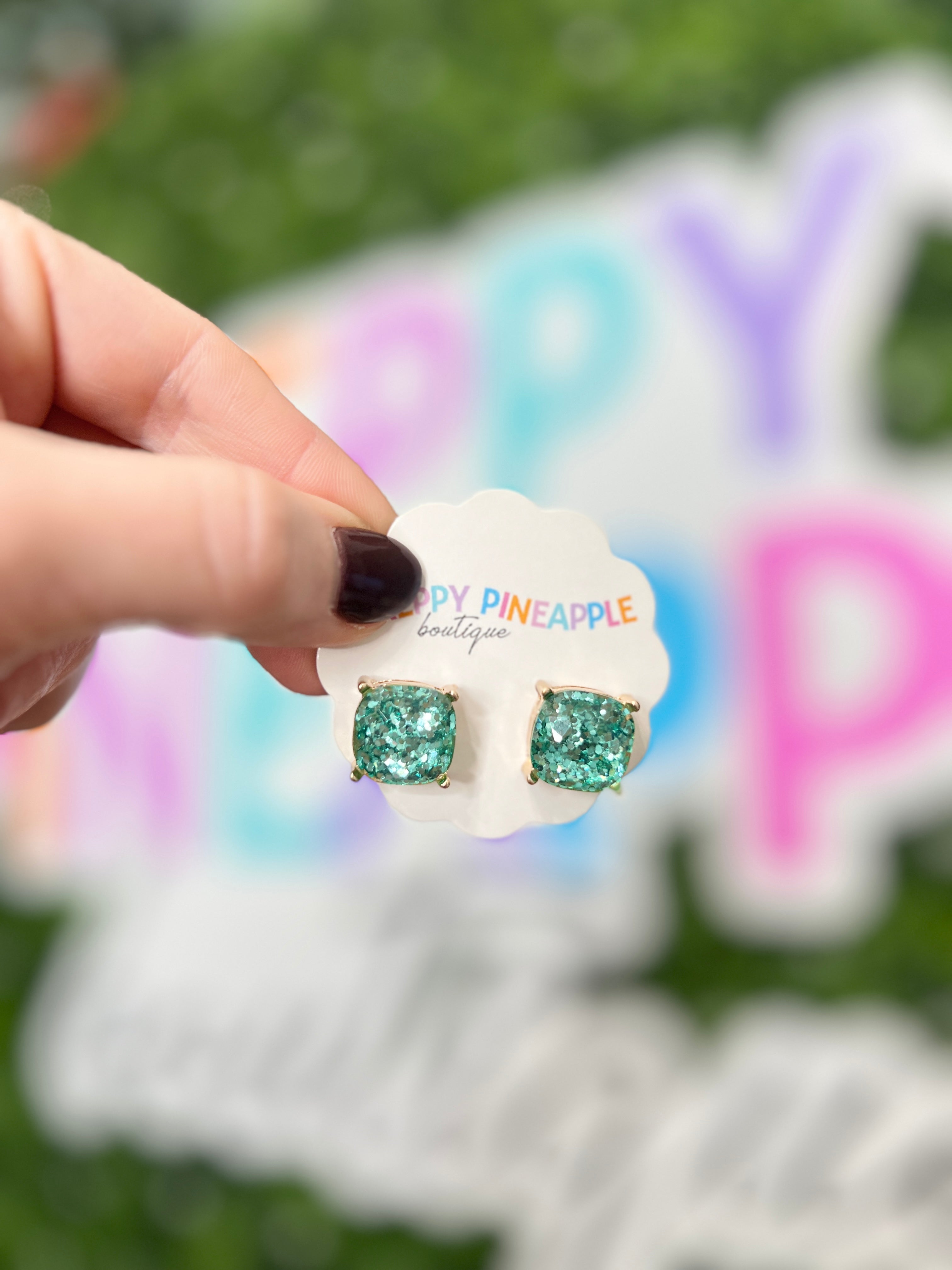 Glitter Epoxy Studs - Emerald – Preppy Pineapple Boutique