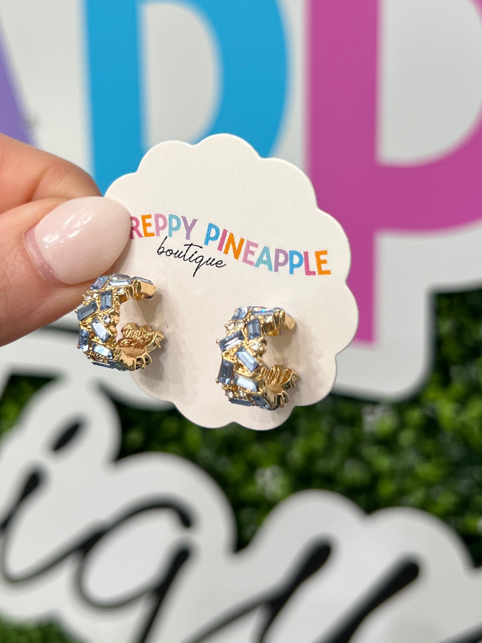 Emerald Cut Rhinestone Studded Hoops - Blue – Preppy Pineapple Boutique